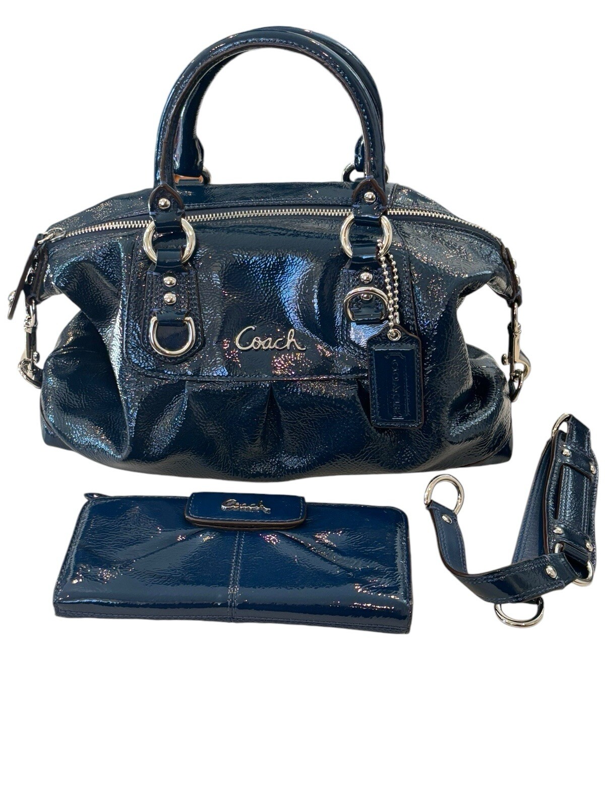 COACH Ashley Patent Leather Carryall Dark Blue Should… - Gem
