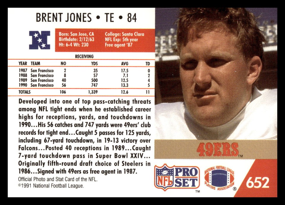 1991 Pro Set #652 Brent Jones San Francisco 49ers Football Card NM | eBay