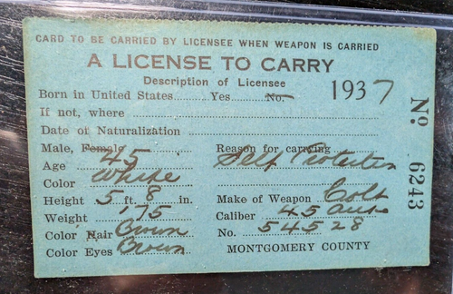 "1937 License to Carry" Gun Permit Card Montgomery County Pennsylvania ...