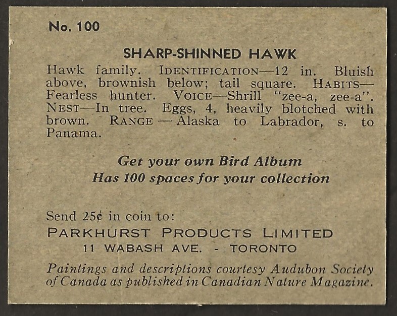 1952 SHARP SHINNED HAWK Card PARKHURST Gum V339-2 Audubon BIRDS ...