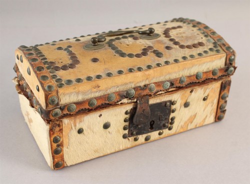 Small Antique 19thC Western Cowhide Fur Leather & Brass Tacks Personal ...