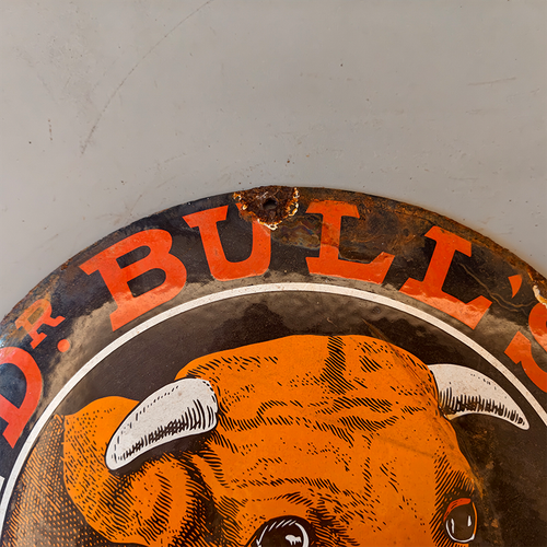 ANTIQUE DR. BULL'S COUGH SYRUP ROUND PORCELAIN SIGN WORN QUACK MEDICINE ...