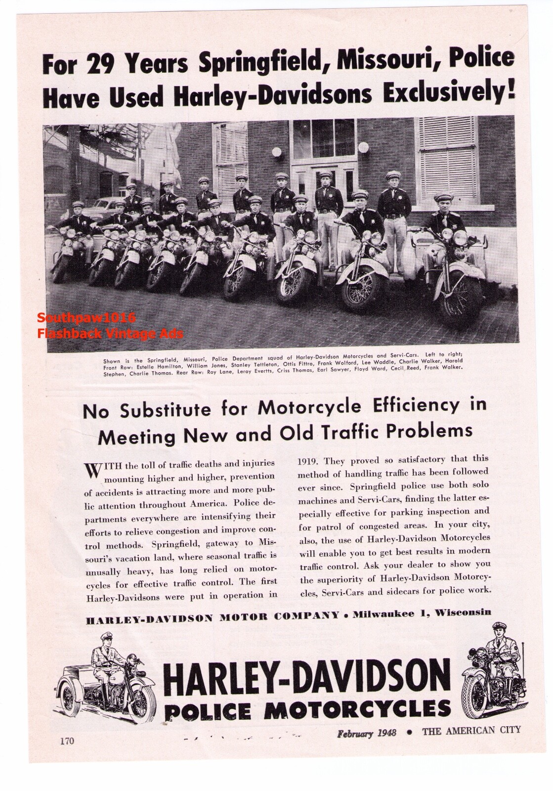 1948 Vintage Harley Davidson Police Motorcycles "Springfield, MO" Print ...