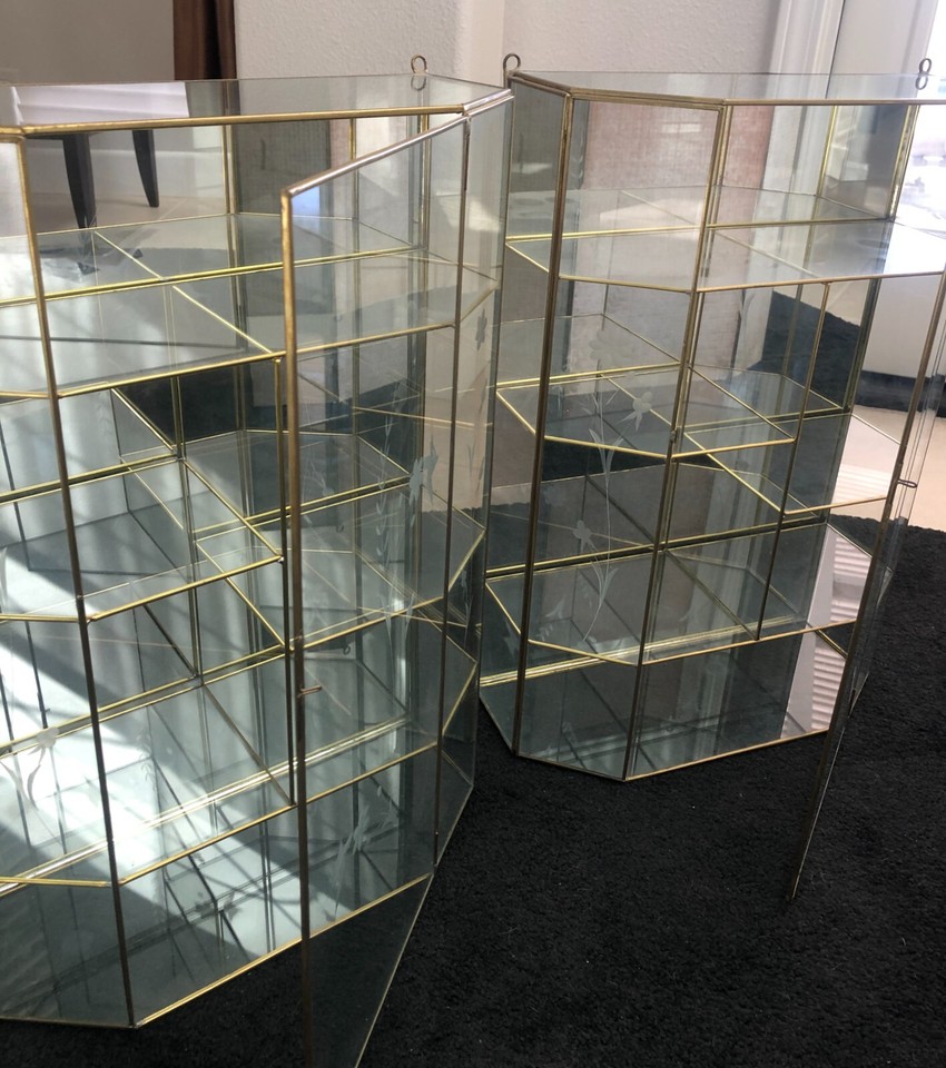 Pair (2) Brass & Glass Display Curio Case with Shelves Mirror Back ...