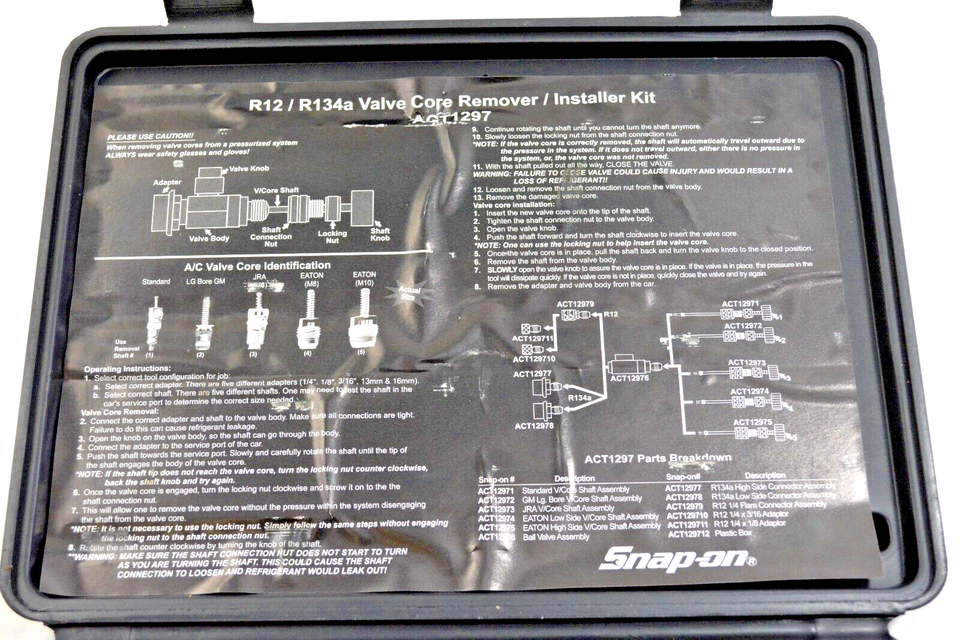 Snap-on ACT1297 R12- R134a Valve Core Remover Installer Master Kit AC ...