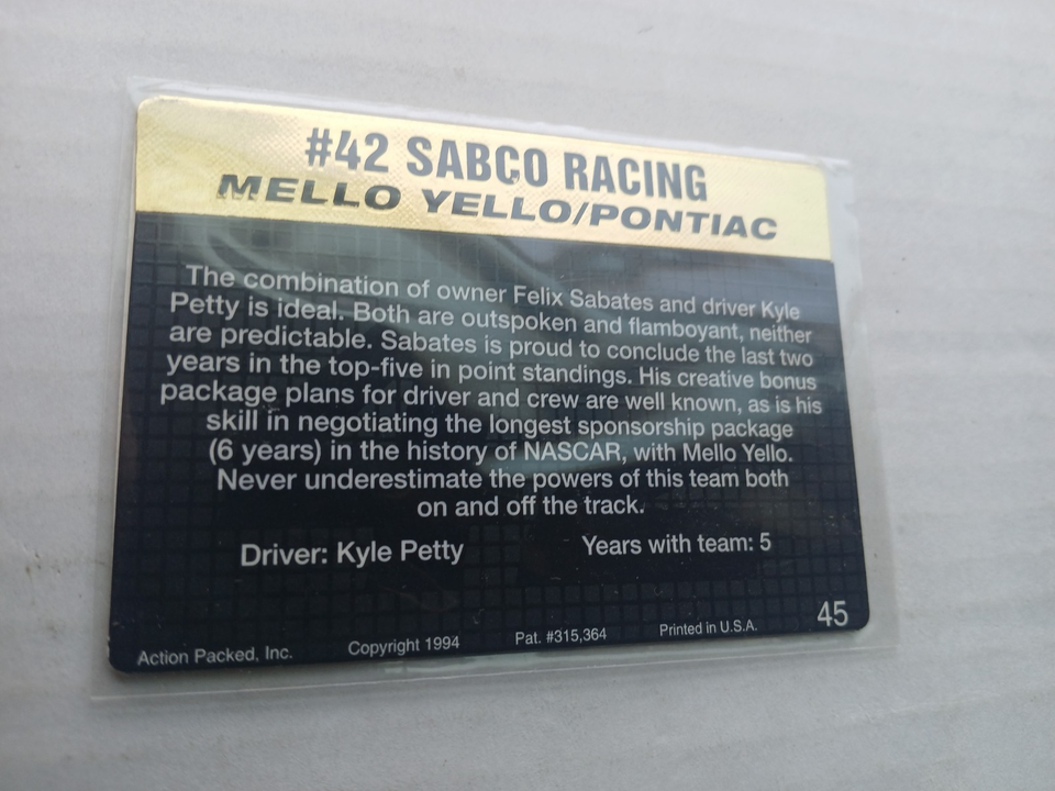 Kyle Petty 1994 Action Packed GOLD CARD #45 Sabco Racing CAR #42 | eBay
