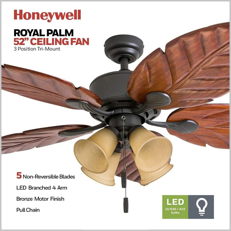 Royal Palm, 52 Inch Tropical LED Ceiling Fan with Light, Pull Chain ...