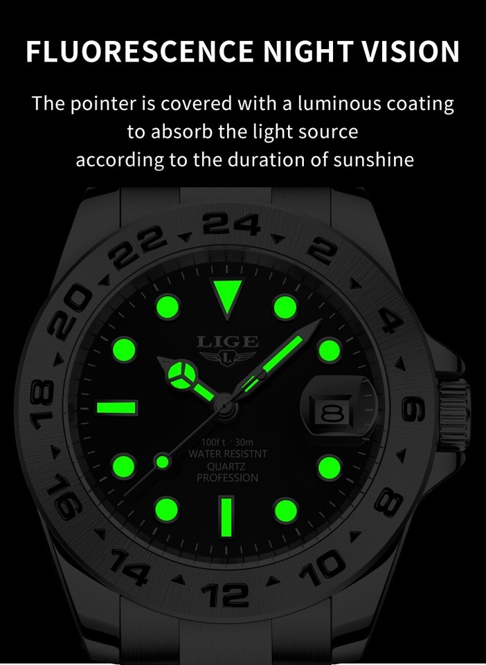 Lige Mens Luxury Wristwatch Quartz Analog Silver Black Stainless steel ...