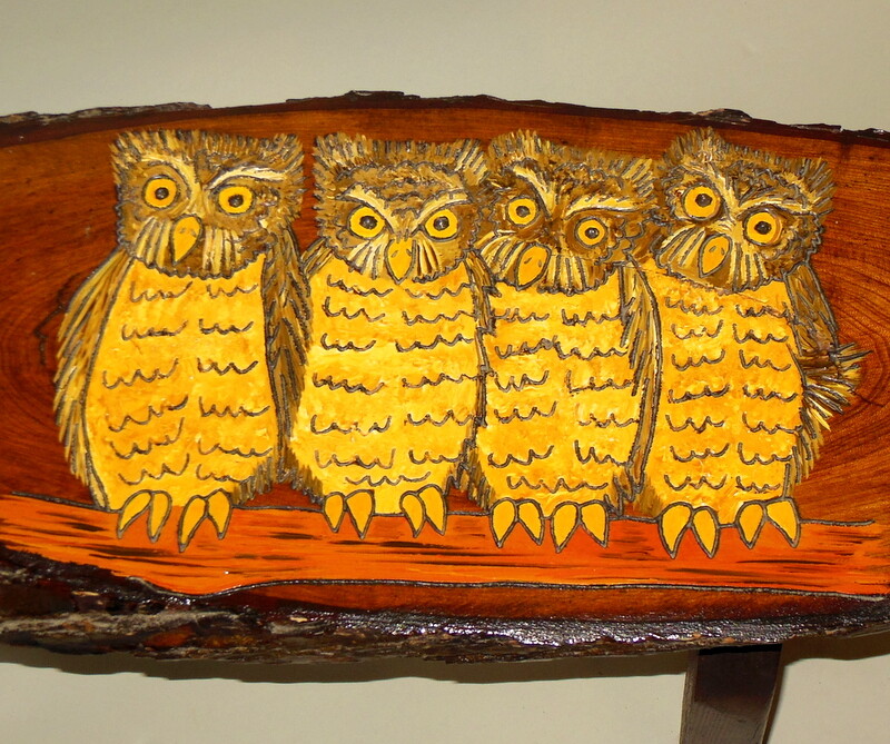 Vtg Folk Arts Crafts Carved Wood Burning Pyrography OWL Table BENCH Log ...