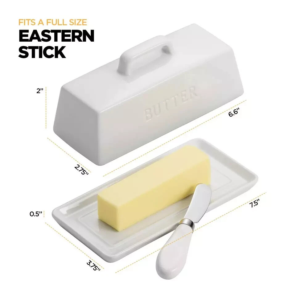 Ceramic Butter Dish Set with Lid and Knife - [White]- Decorative Butter ...