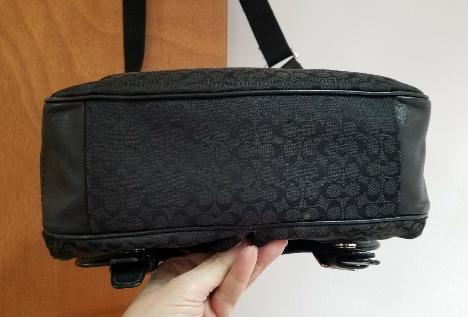 Auth COACH #70283 Unisex Messenger Bag Black Signature Jacquard ...