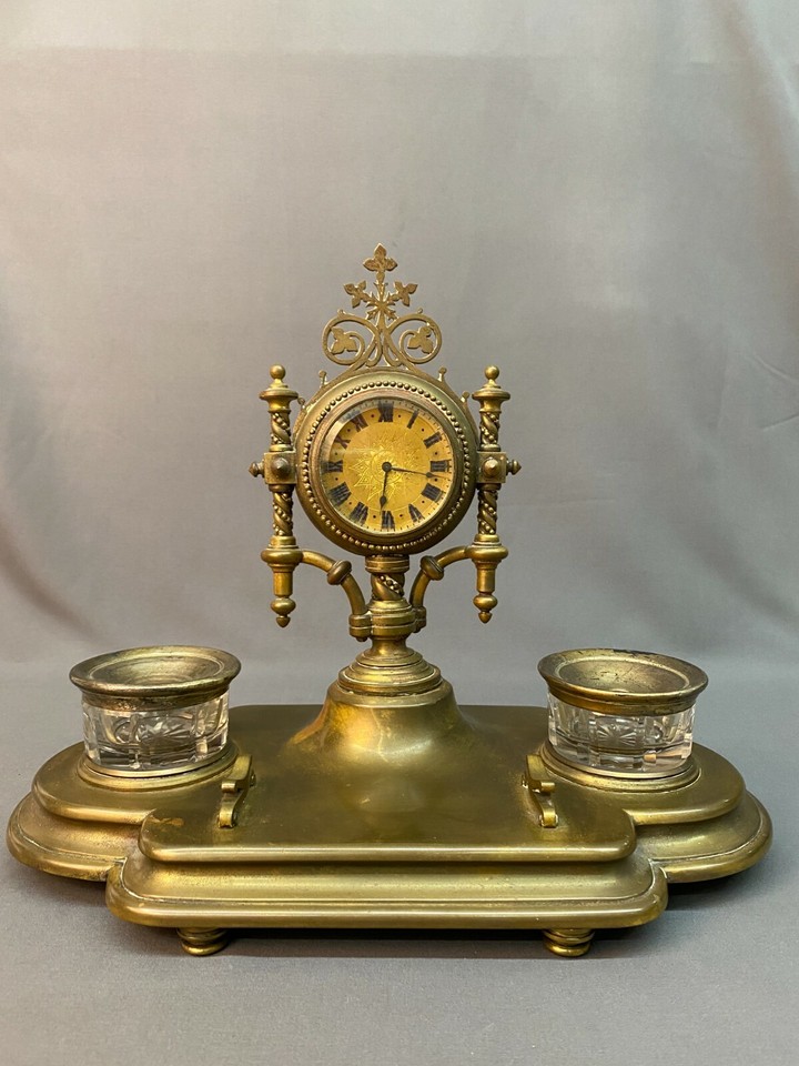 Antique Victorian Brass Desk Clock with Double Ink Wells | eBay