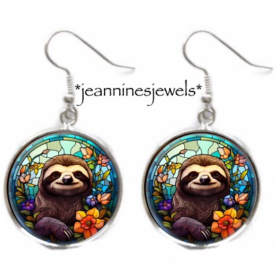 SLOTH Earrings Faux Stained Glass Art Print Silver Charm Dangle SLOTH ...