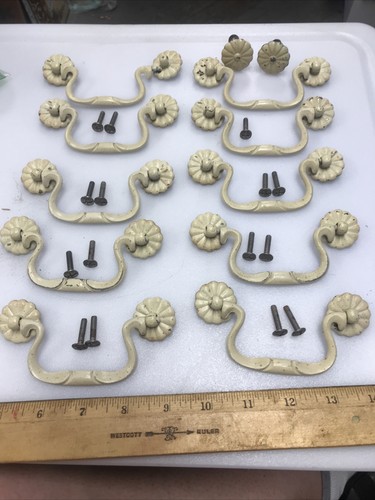 10 Antq Orig White Painted Metal Drop Handles Rosettes Drawer Pulls + 2 ...