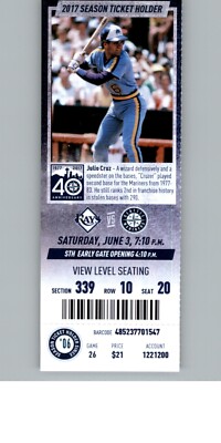 Tampa Bay Rays vs Seattle Mariners 6/3/2017 Full Ticket - Julio Cruz ...