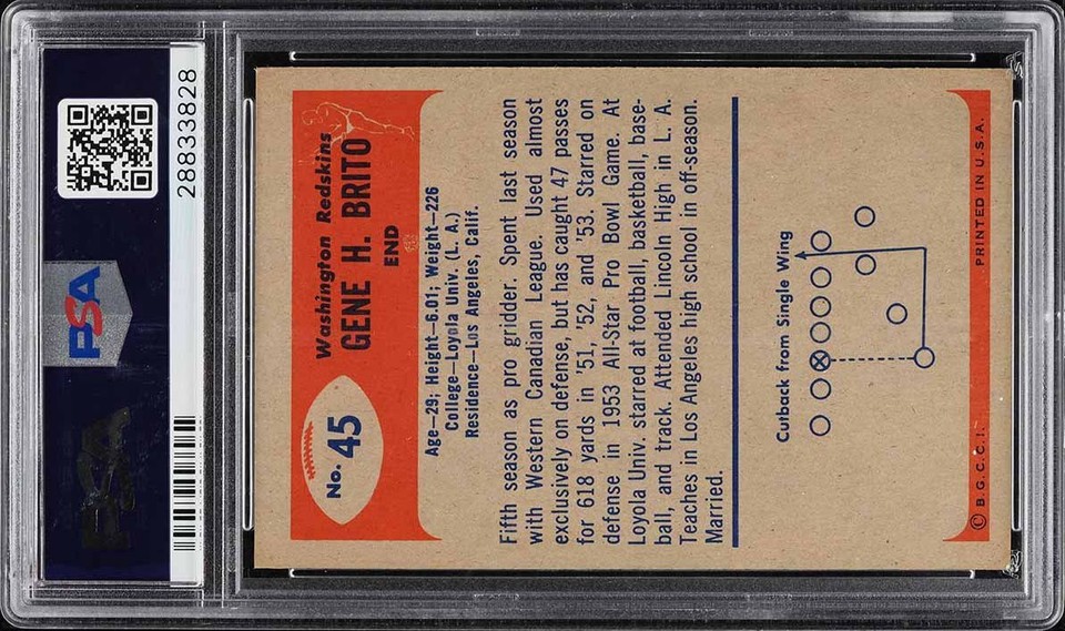 1955 Bowman FB Card # 45 Gene Brito Washington Redskins ROOKIE RC PSA 8 ...