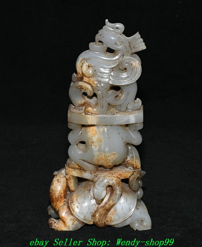 7" Old Han Dynasty Natural Hetian Jade Carve Dragon turtle Phoenix ...