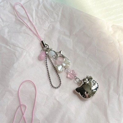 Pink Beads Chain Cat Key Chain Cell Phone Rope Chain Phone Charm Key ...