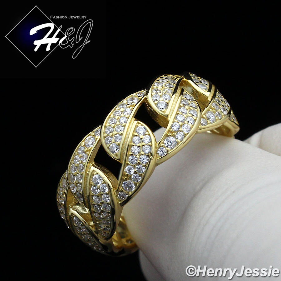 MEN 925 STERLING SILVER FULL CUBIC ZIRCONIA 10MM GOLD PLATED CUBAN CURB ...