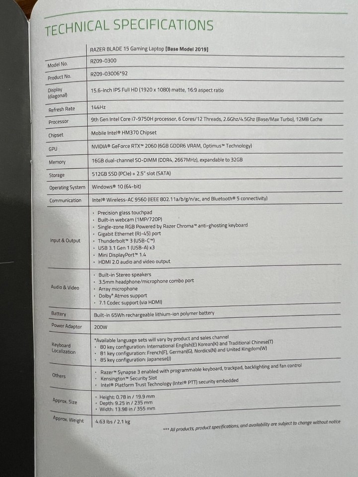 razor blade 15 gaming laptop 2019 model with NVIDIA 2060 GoForce 2060 ...