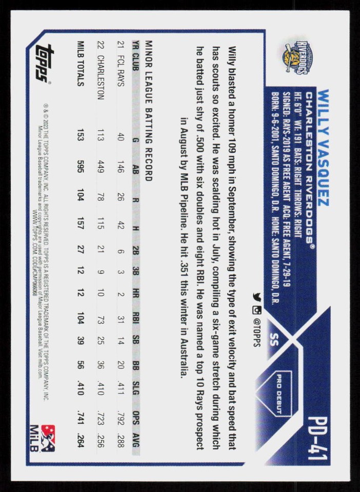 2023 Topps Pro Debut Willy Vasquez #PD-41 BASEBALL Charleston Riverdogs ...