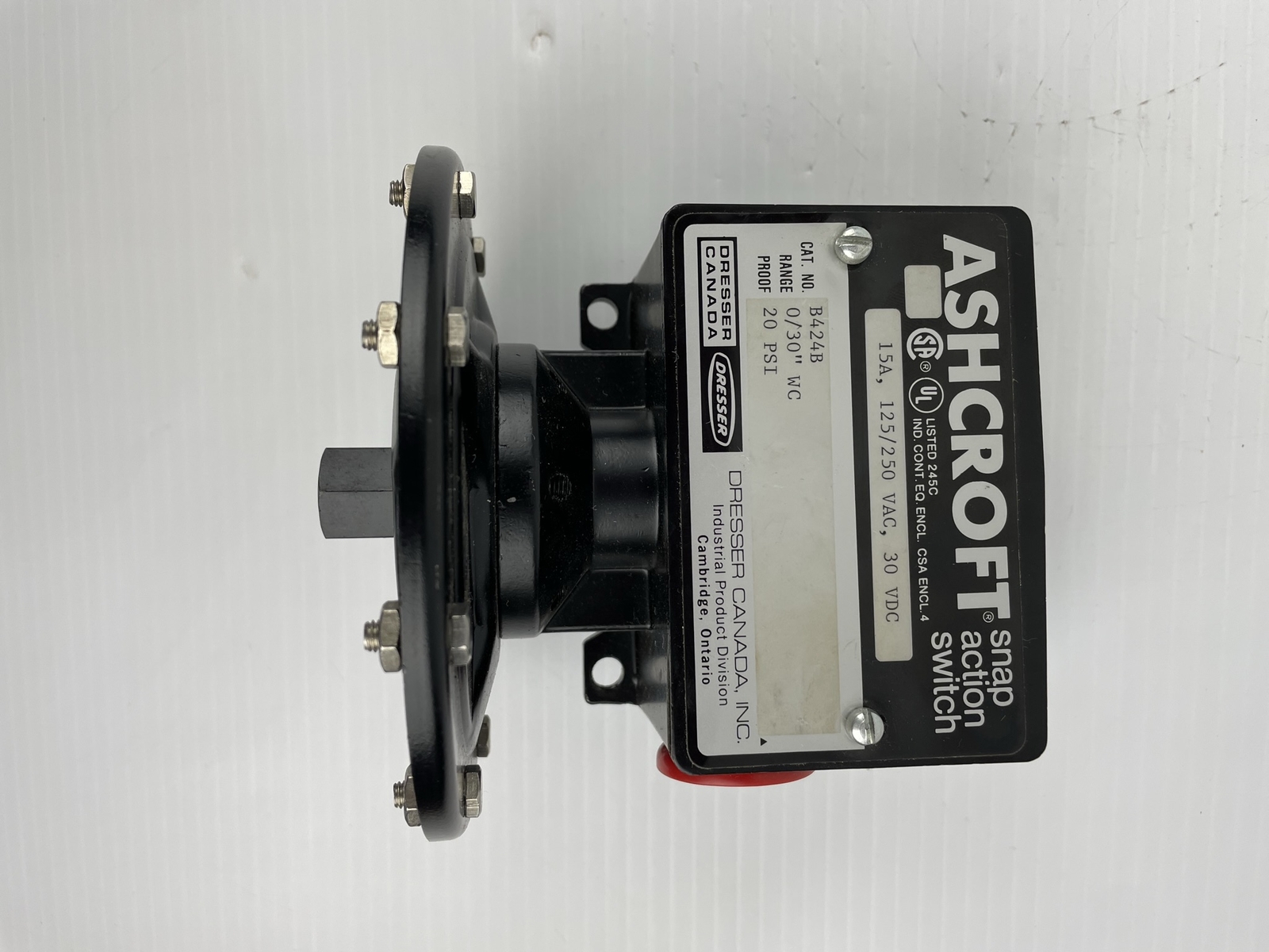 Ashcroft Snap Action Switch B424B 15A 125/250VAC 30VDC (Set at 6" WC ...