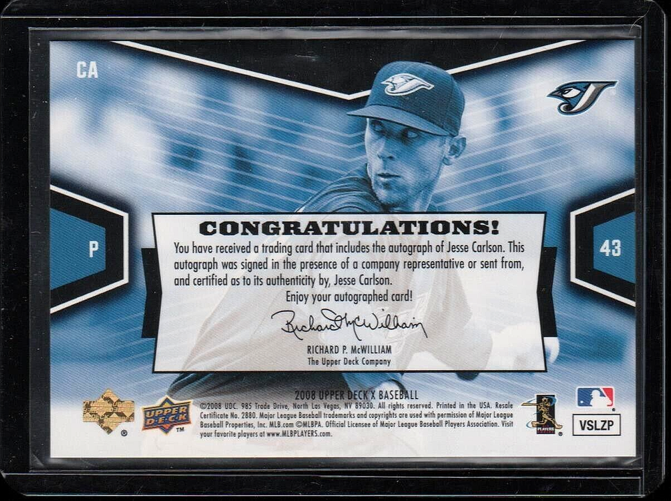 Jesse Carlson (Blue Jays) 2008 UDX Signatures Authentic Autograph Mint+ ...