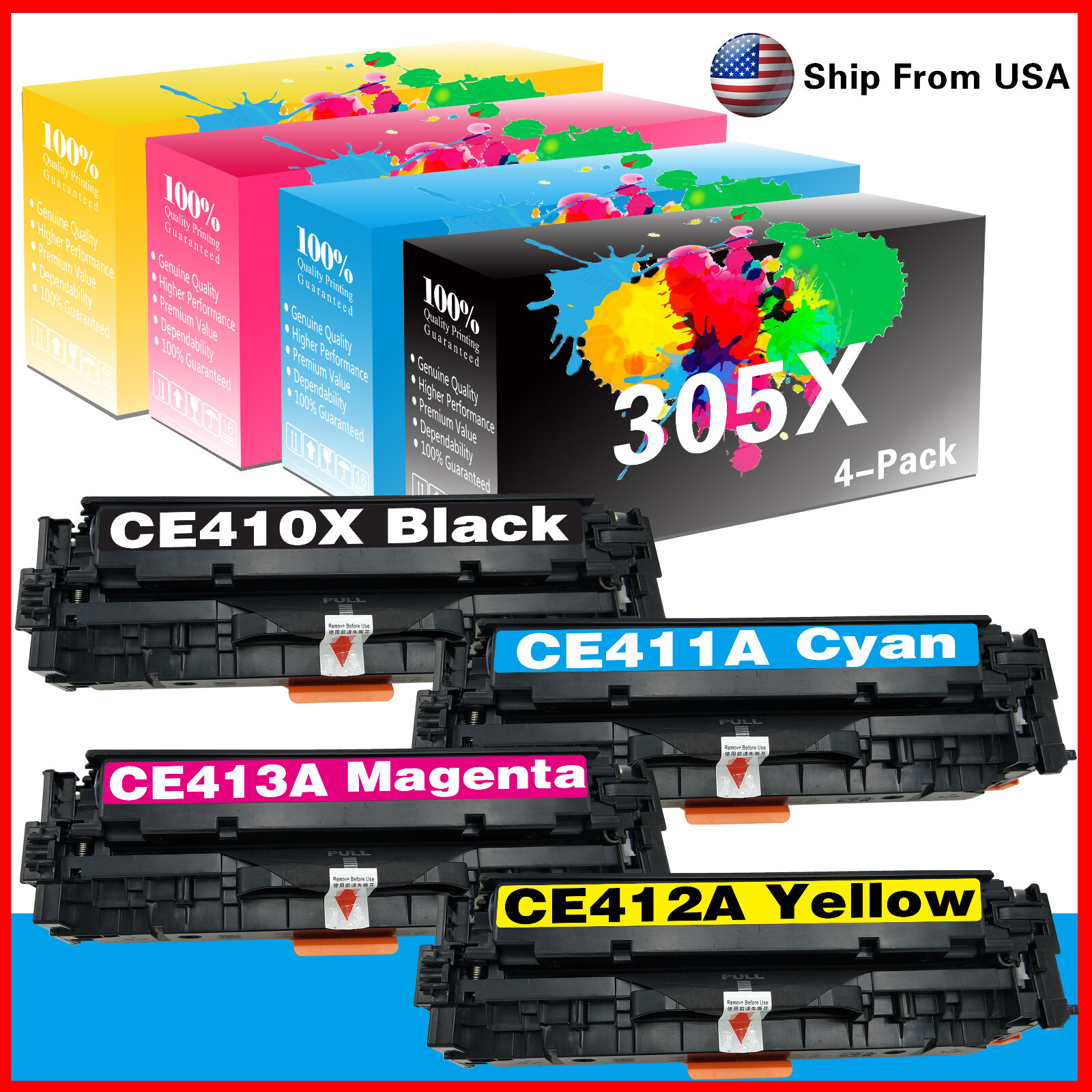 4PK CE410X 305X Toner Cartridge for M451dn M451dw M375nw M351A Printer ...