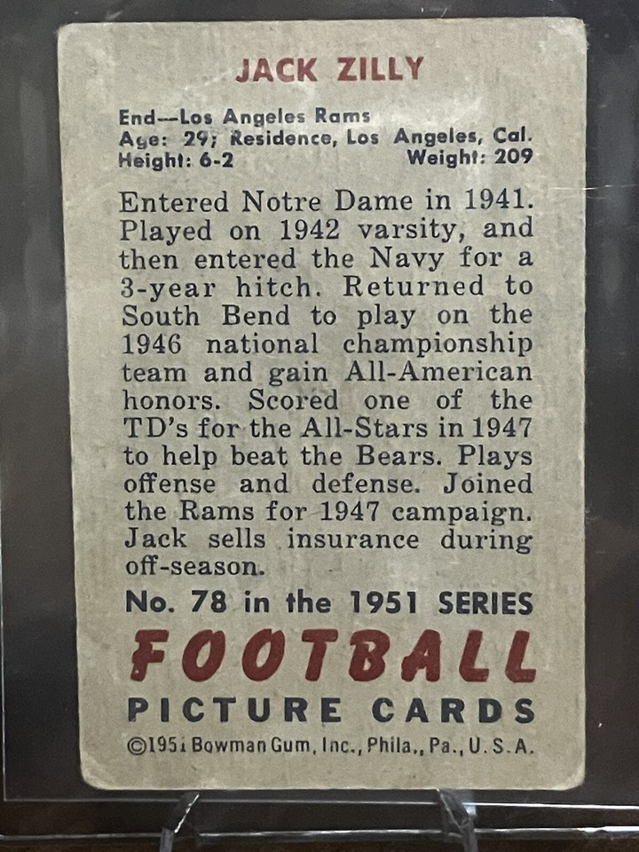 Jack Zilly 1951 Bowman Football #78 Los Angeles Rams | eBay