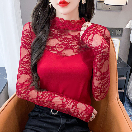 Lady Lace Floral Mesh Shirt Top T-shirt Blouse Slim Hollow Out Splice ...