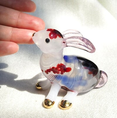 White Blue Maroon Rabbit Bunny figurine hand blown glass figure 3 ...
