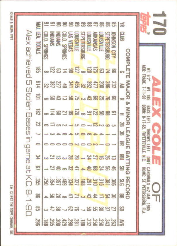 1992 Topps Gold Winners Cleveland Indians Baseball Card #170 Alex Cole ...
