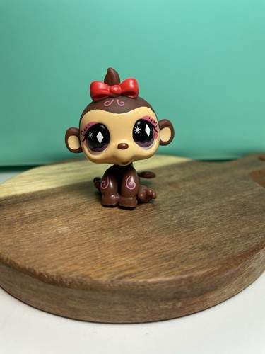 Authentic Littlest Pet Shop LPS Cute Brown Baby Monkey Red Bow Purple ...