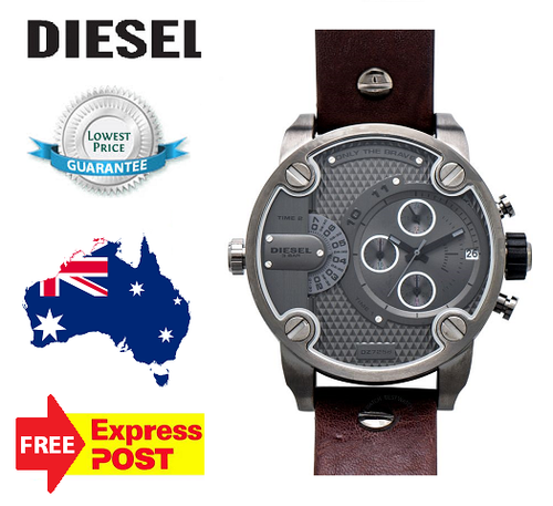 NEW DIESEL LITTLE DADDY DZ7258 GUNMETAL/BROWN LEATHER CHRONOGRAPH MENS ...
