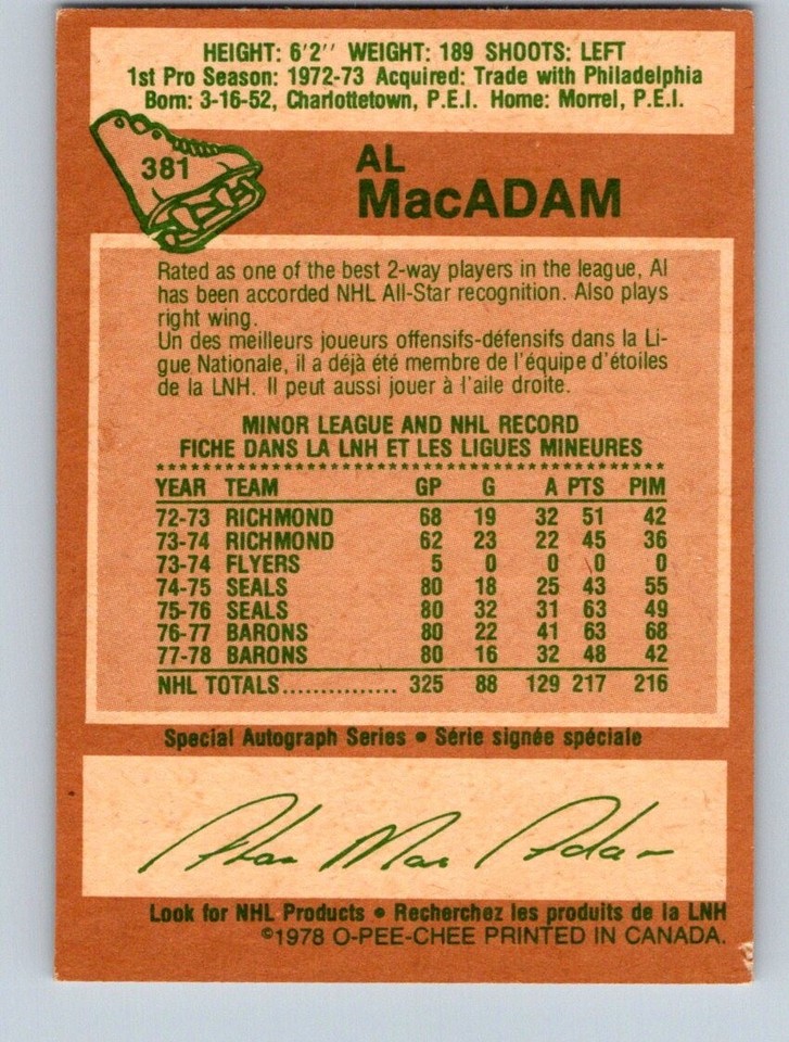 VINTAGE HOCKEY CARD OPC 1978 MINNESOTA NORTH STARS AL MacADAM NO26 | eBay