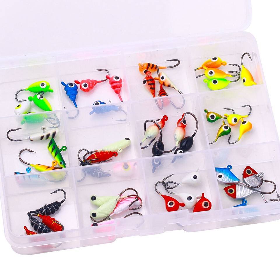 48PCS Glow Lead Jigs Fishing Hooks Crappie Ice Lure Jig Head Bait Box ...