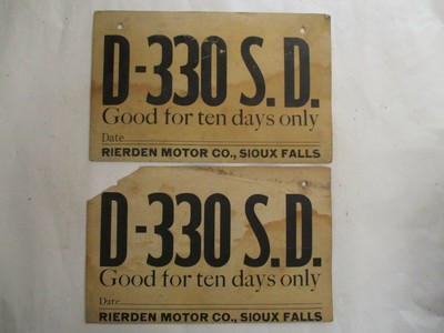 PAIR 1930s South Dakota Rierden Motors TEMPORARY License Plate Tag | eBay
