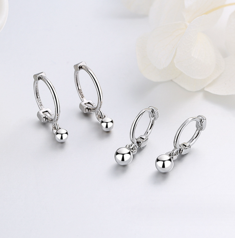 Silver Ball Round Bead Drop Dangle Hoop Earrings | eBay