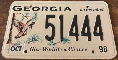 1998 Georgia Give Wildlife a Chance License Plate 51444 Triple Number ...