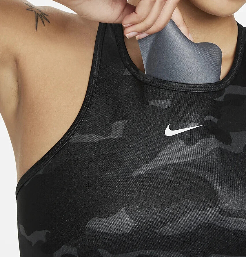 Nike Women' Iron Grey/Black Camo Swoosh MS 1-Piece Pad Bra DD1199-068 S ...