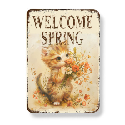 Welcome Spring Orange Cat Magnet Spring Flowers Vintage Watercolor ...