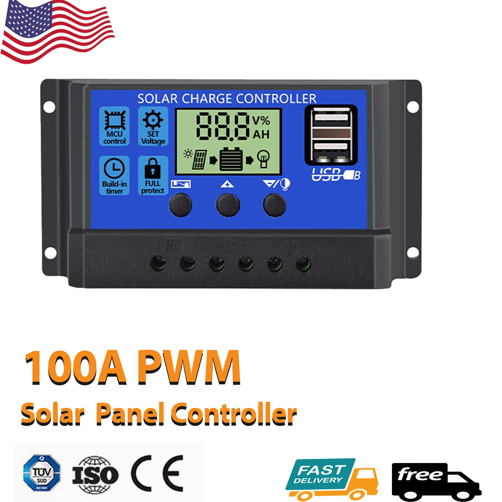 100A Solar Panel Battery Charge Controller Dual USB 12V/24V LCD ...