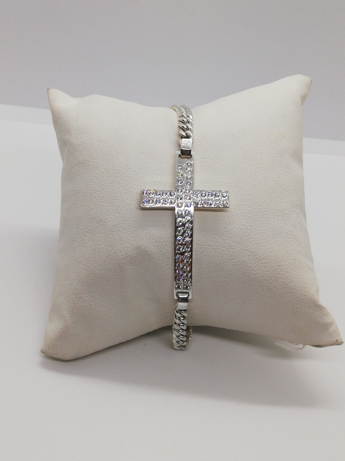 .925 Solid Silver Cross Bracelet Cubic Circonia /Cuban Link Chain New ...