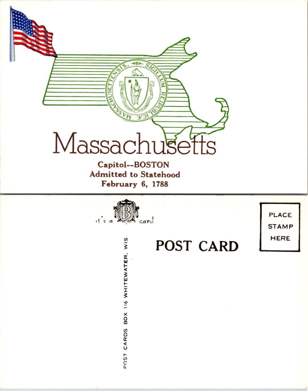 Massachusetts Postcard Unused Vintage Boston Capitol State Map Seal ...