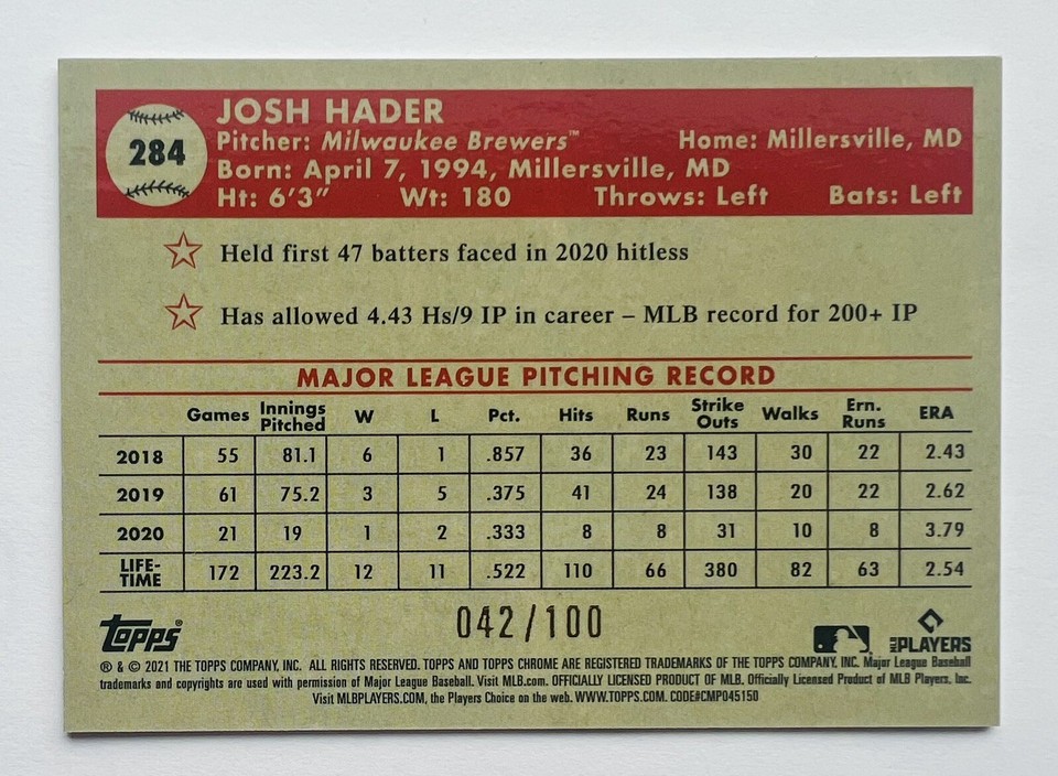 2021 Topps Chrome Platinum Anniversary Josh Hader Red Atomic Refractor ...