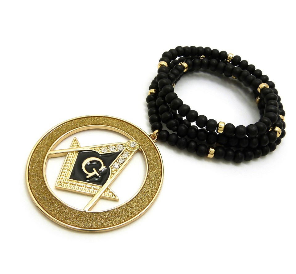 NEW FREEMASON MASONIC 2 TONE ROUND PENDANT 6mm/30" WOODEN BEAD CHAIN ...