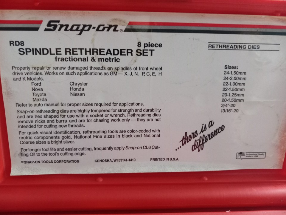 Snap-On RD8 Spindle Rethreading Set CV Joint Axle Fractional & Metric ...