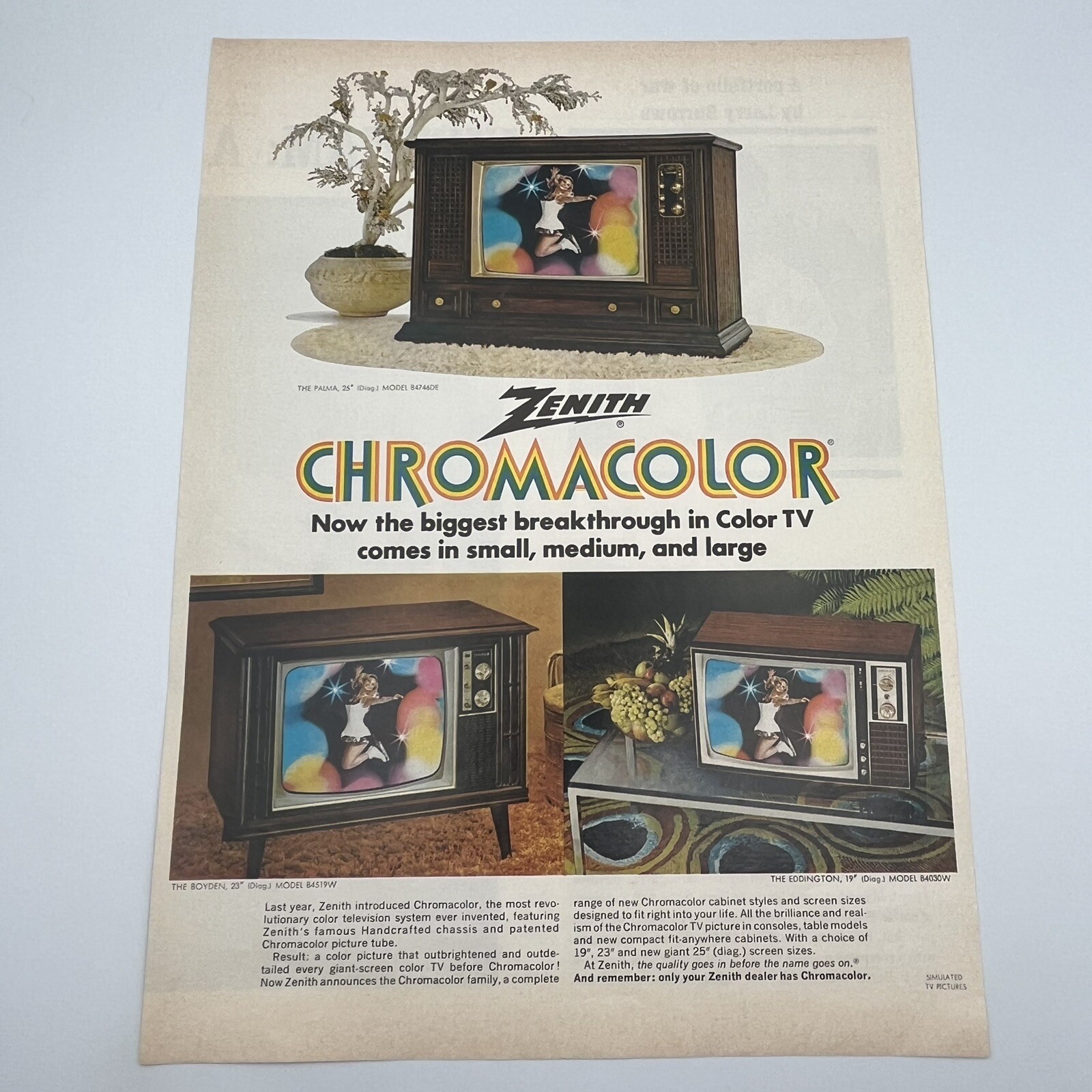 Zenith Chromacolor TV 1971 Print Ad 9.75"x13.25" Palma Boyden Eddington ...