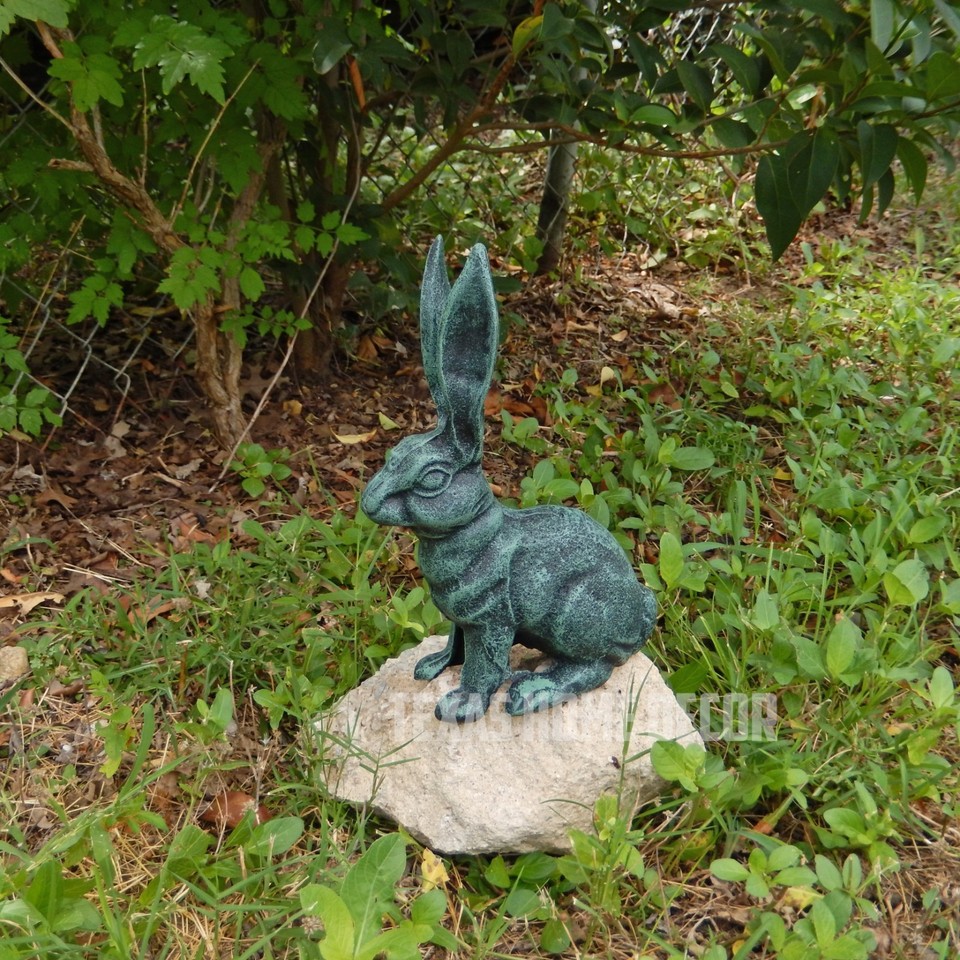 Large Rabbit Figurine Garden Statue Heavy Duty Cast Iron Verdigris ...