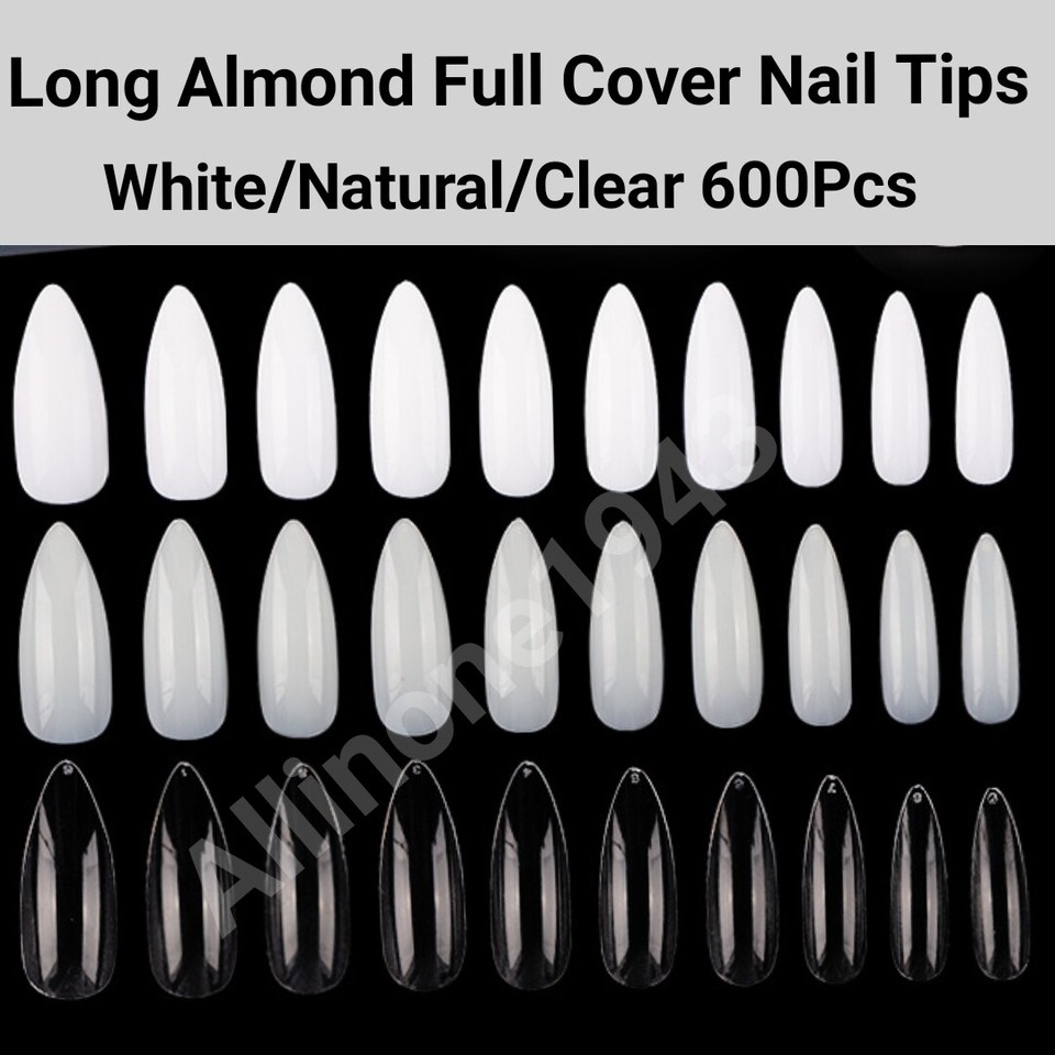 600Pc Long Almond Full Cover artificial Nails Tips Acrylic False Press ...